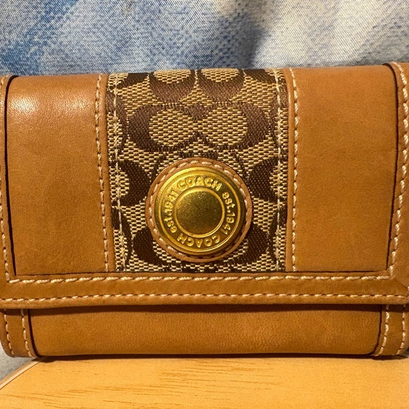 Coach | Bags | Coach Tan Leather Wallet With Gold Button | Poshmark